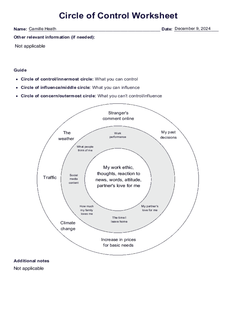 Circle of Control Worksheet - Blank Fillable Template | Fill Out, Print ...