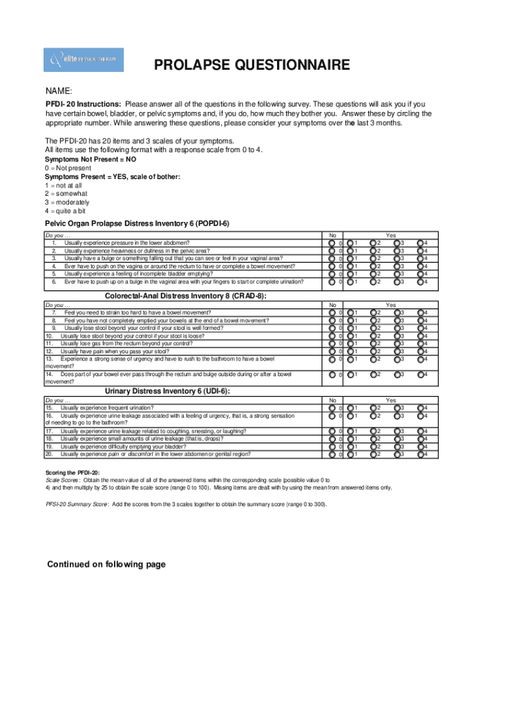 Fillable Online Pelvic Organ Prolapse (POP) Patient Questionnaire) Fax ...