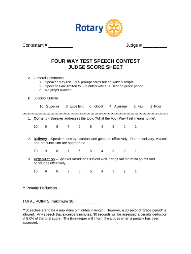 4-Way Speech Contest Judge's Score Sheet Doc Template | pdfFiller