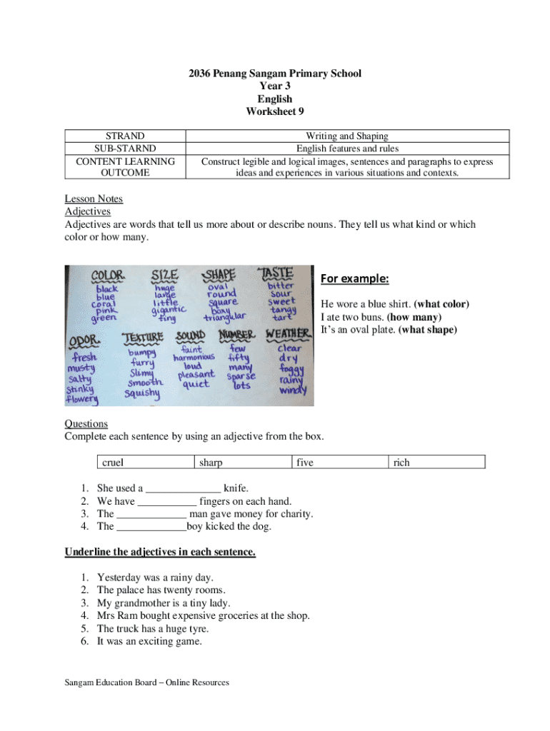 Year 3 English Adjectives Worksheet - Blank Fillable Template | Fill ...
