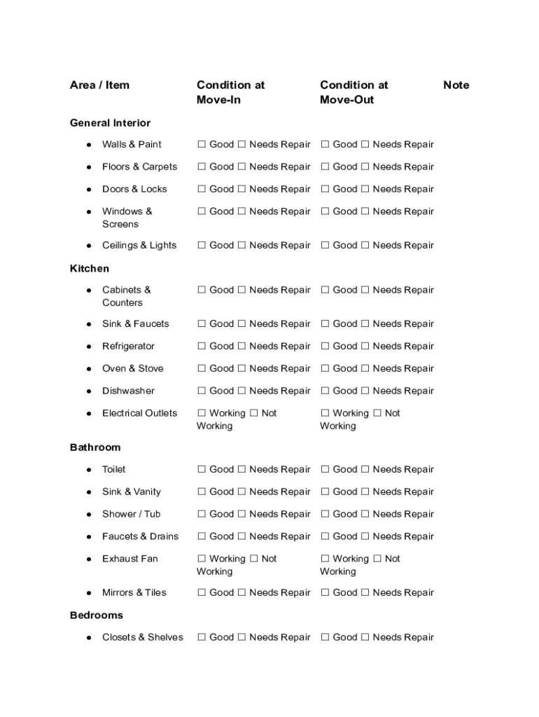 Move-In/Move-Out Inspection Form - Blank Fillable Template | Fill Out ...
