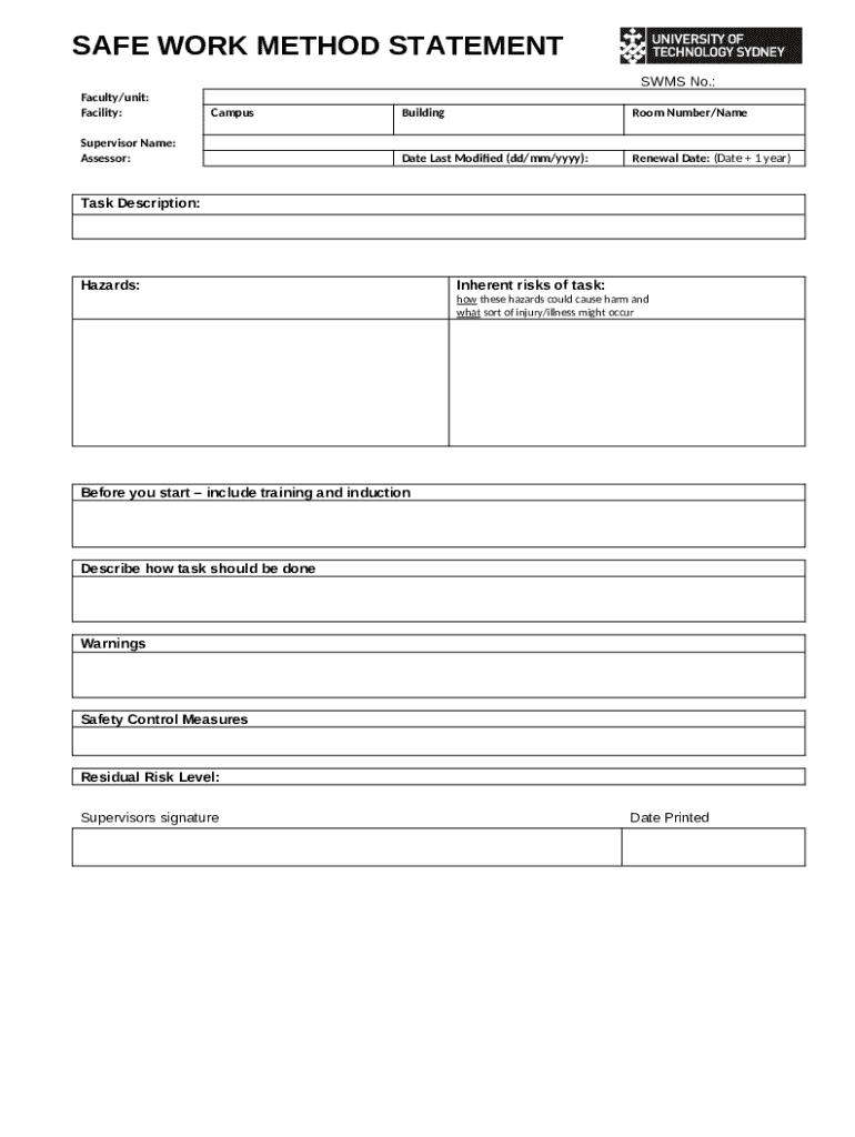 Safe Work Method Statement - Blank Fillable Template | Fill Out, Print ...