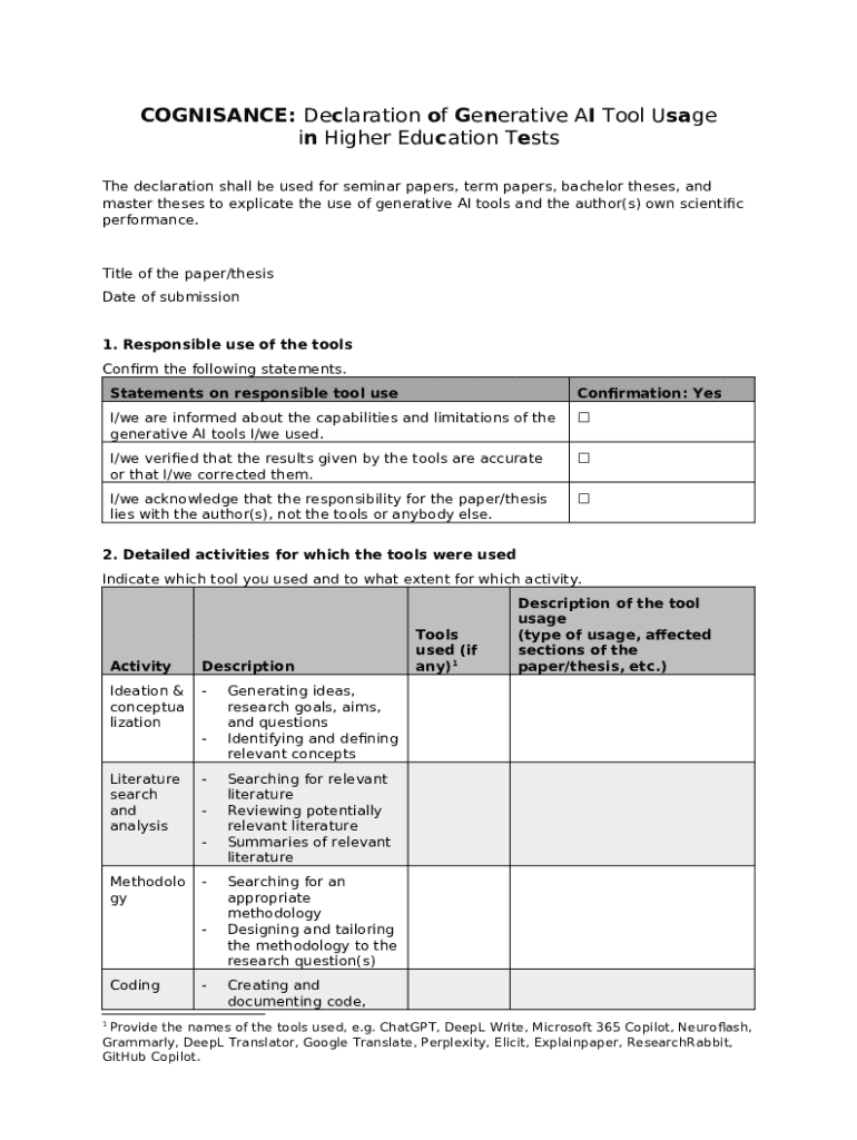 COGNISANCE AI Tool Usage Declaration - Blank Fillable Template | Fill ...