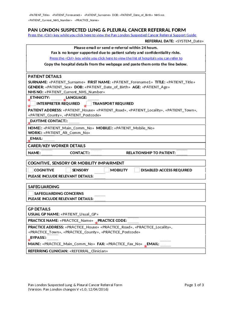 Pan London Suspected Lung & Pleural Cancer Referral Form - Fill Out ...