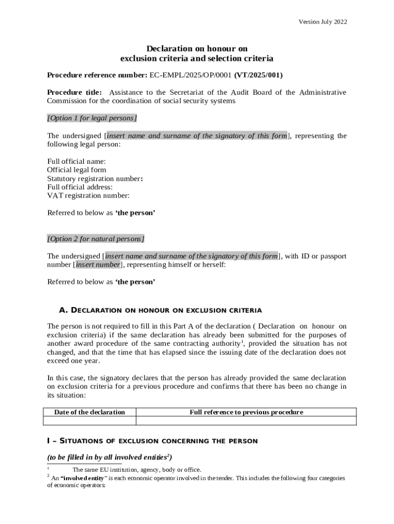 EU Declaration on Honour on Exclusion Criteria - Blank Fillable ...