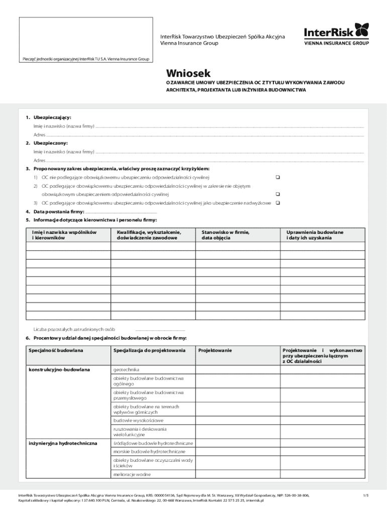 InterRisk Professional Liability Insurance Application - Blank Fillable ...