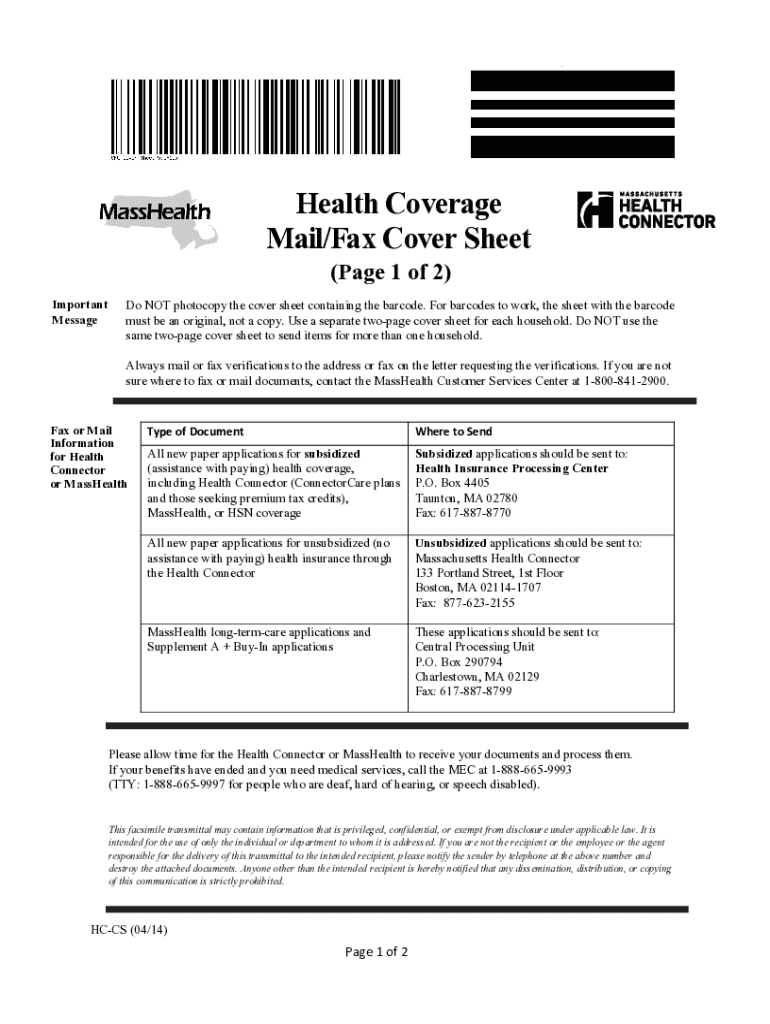 Fillable Online Health Coverage Mail/Fax Cover Sheet - (Page 1 of 2 ...