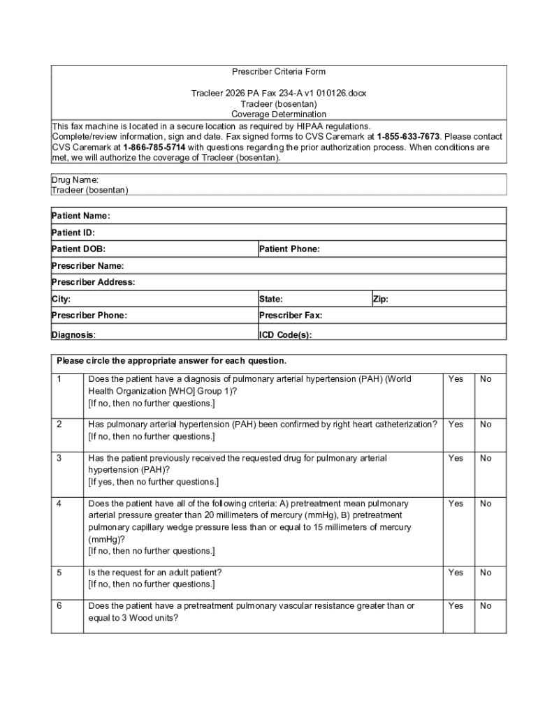 Tracleer Prescriber Criteria Form - Blank Fillable Template | Fill Out ...