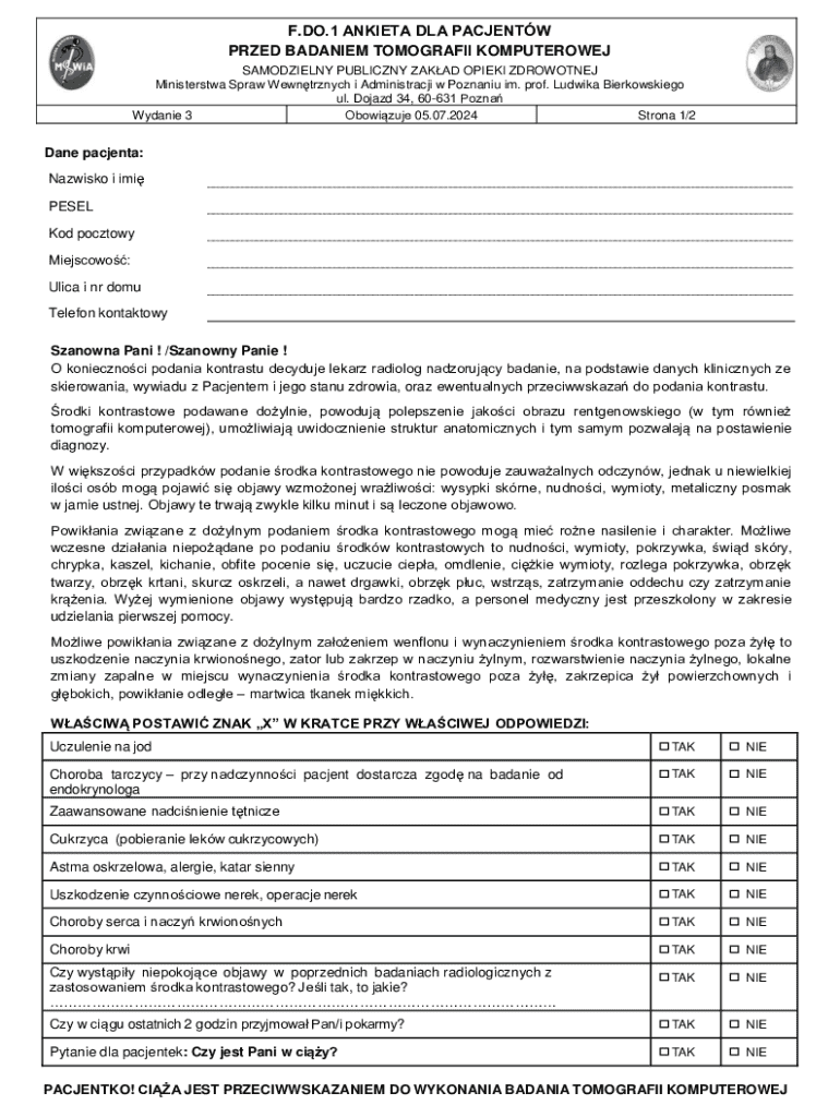 Patient Questionnaire for CT Scan - Fill Out, Sign & Share Online ...