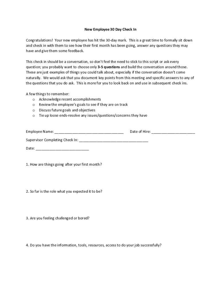 Fillable Online New Hire 30 Day Check-In Form Template Fax Email Print ...