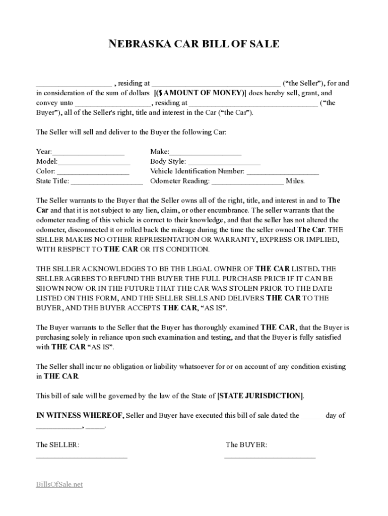 Nebraska Car Bill of Sale - Blank Fillable Template | Fill Out, Print ...