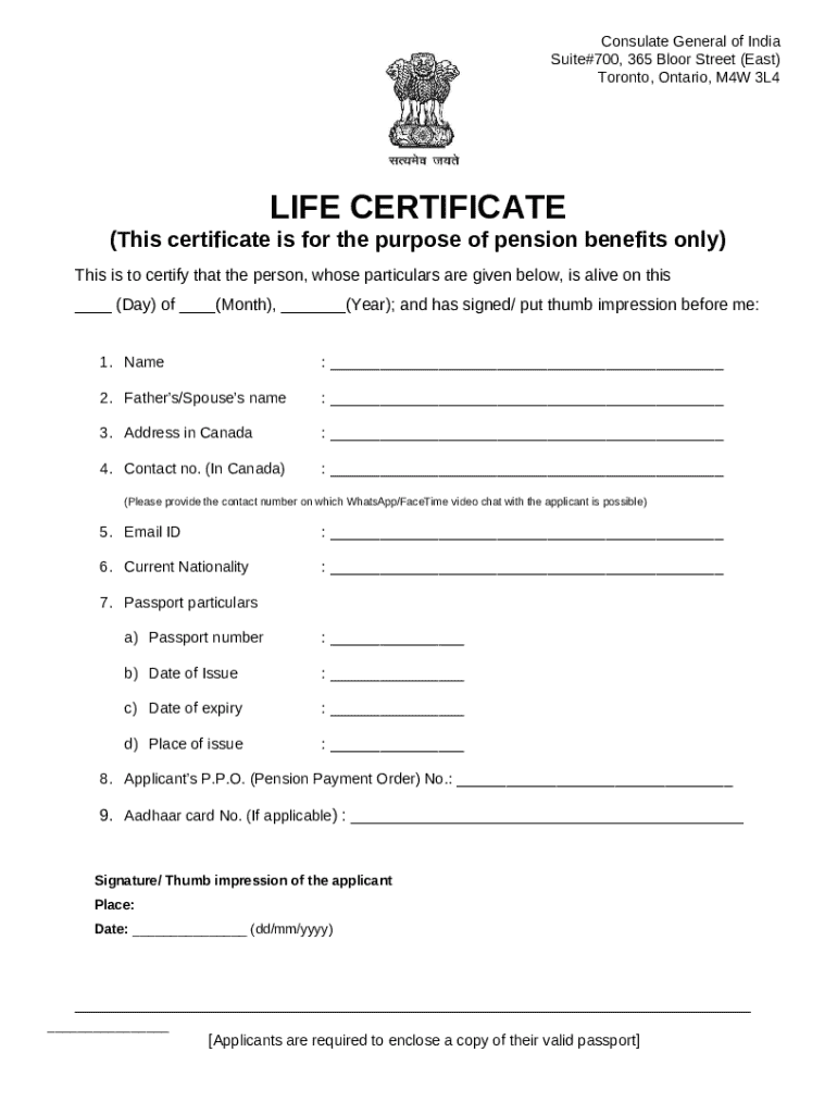 India Life Certificate for Pension Benefits - Blank Fillable Template ...