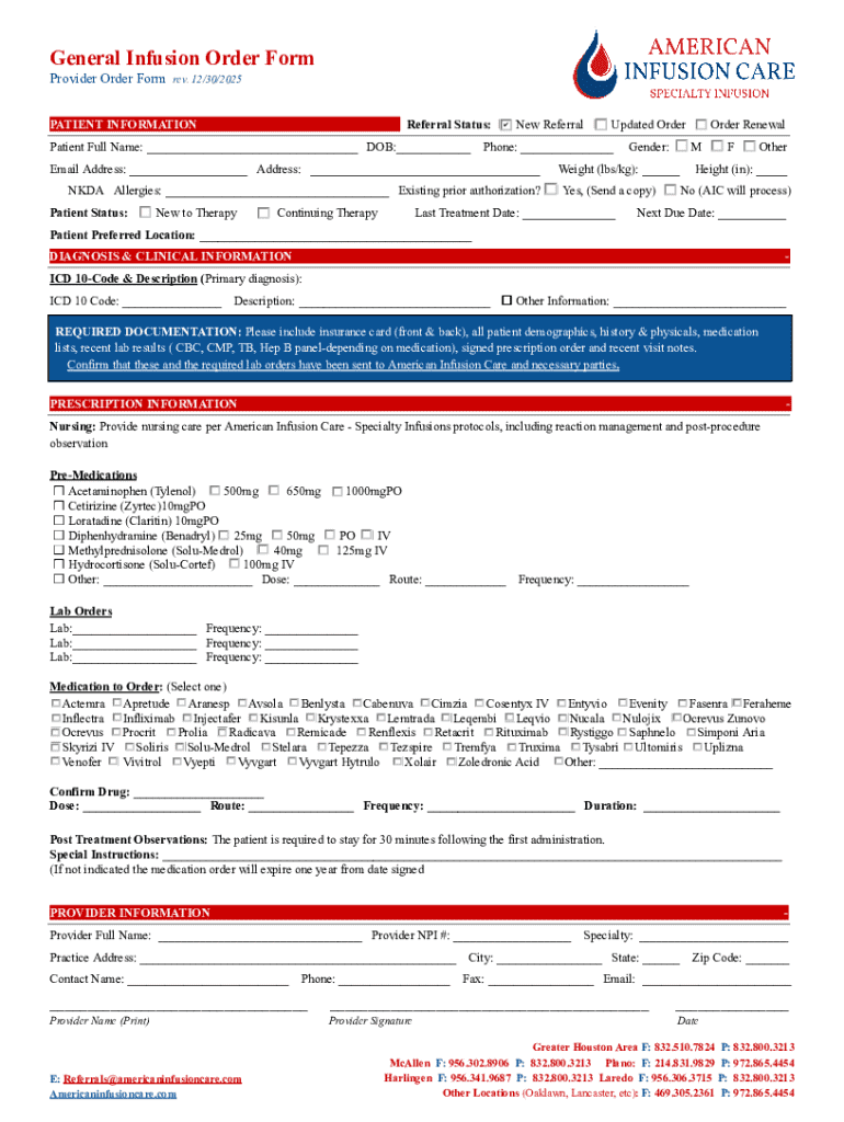 General Infusion Order Form - Blank Fillable Template | Fill Out, Print ...