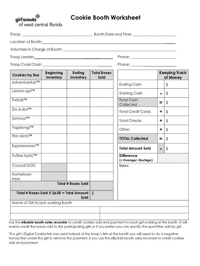 Fillable Online COOKIE BOOTH WORKSHEET - Girl Scouts Fax Email Print ...