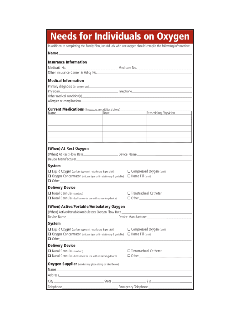 Oxygen Needs Form for Individuals - Blank Fillable Template | Fill Out ...