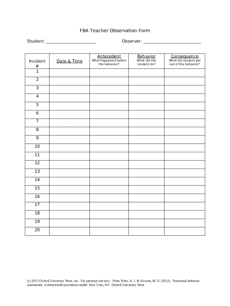 FBA Teacher Observation Form - Blank Fillable Template | Fill Out ...