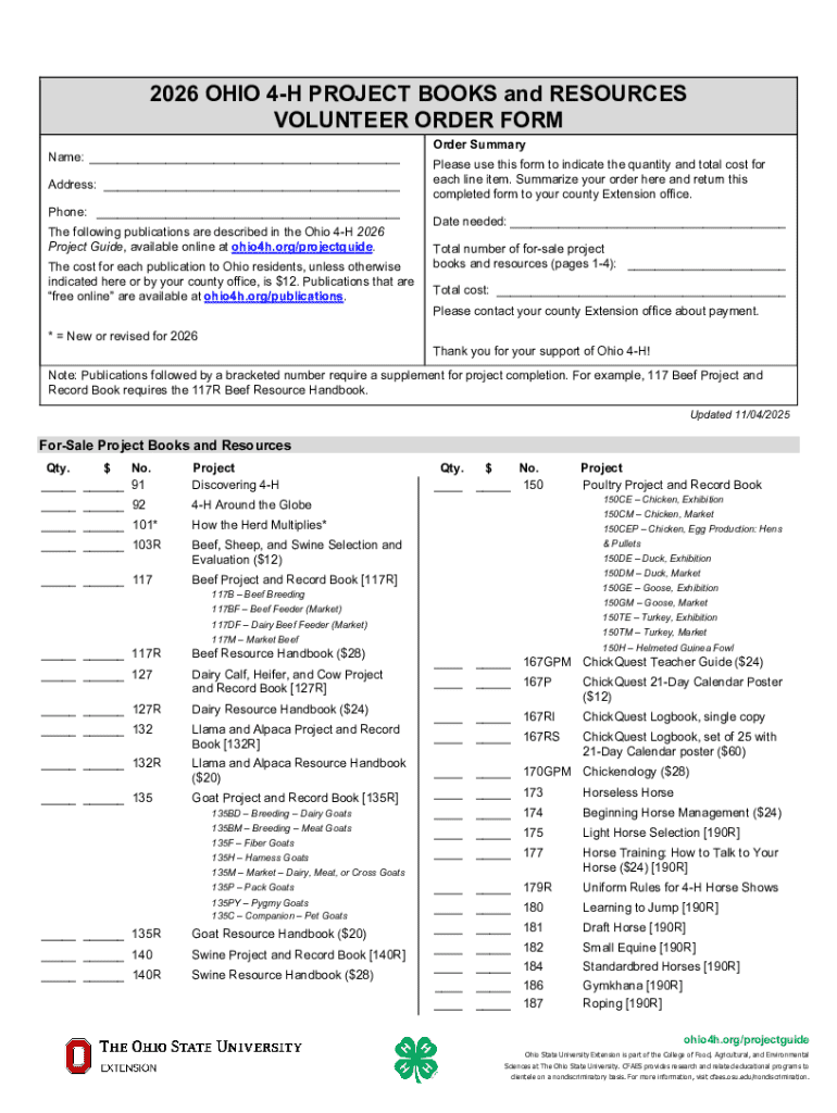 Ohio 4-H Project Books Order Form - Blank Fillable Template | Fill Out ...