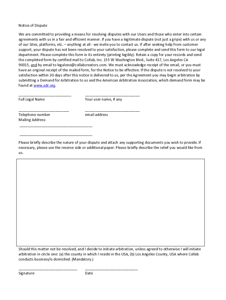 Notice of Dispute Form - Blank Fillable Template | Fill Out, Print ...
