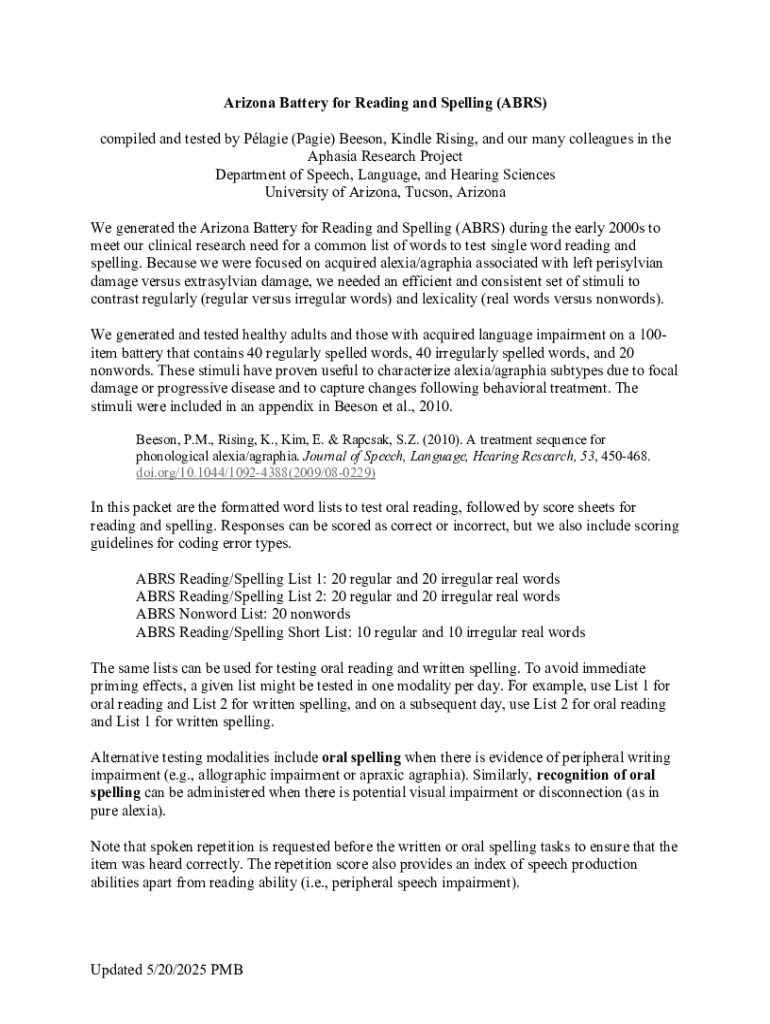 Arizona Battery for Reading and Spelling (ABRS) Form - Fill Online ...
