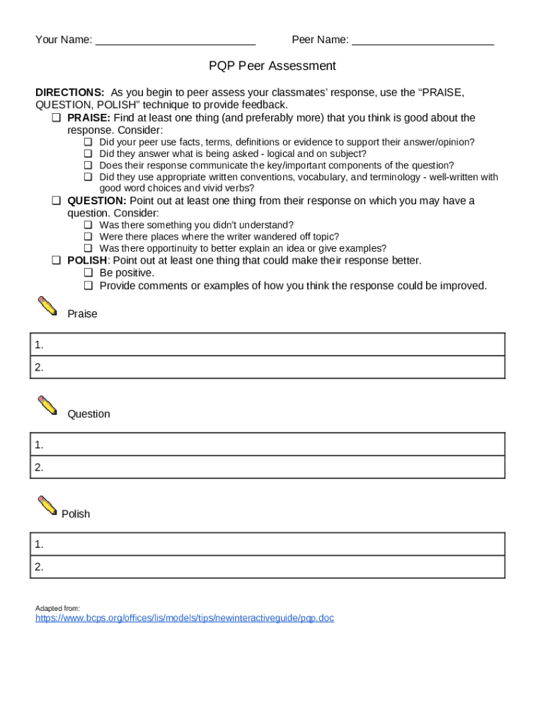 PQP Peer Assessment Form - Blank Fillable Template | Fill Out, Print ...