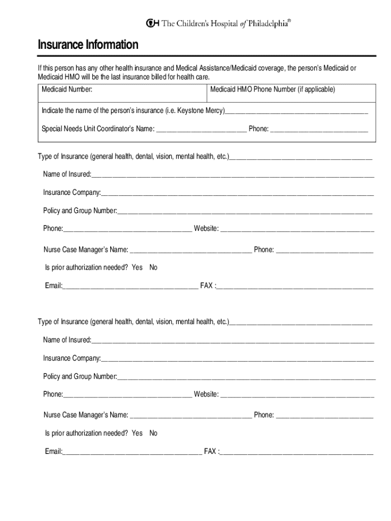 Health Insurance Information Form - Blank Fillable Template | Fill Out ...
