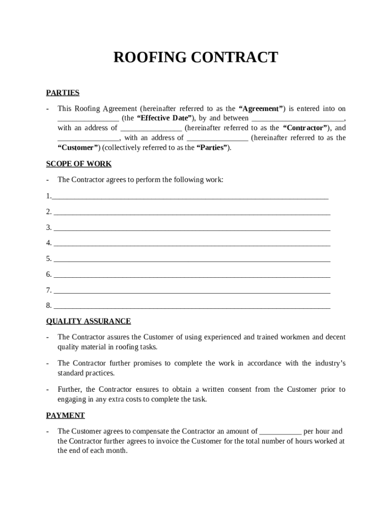Roofing Contract Agreement - Blank Fillable Template | Fill Out, Print ...