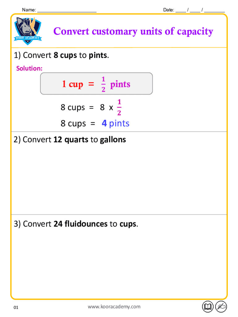 Customary Units of Capacity Conversion Worksheet - Blank Fillable ...