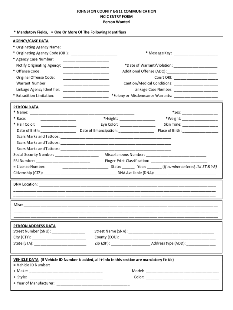 Johnston County E-911 Communication NCIC Entry Form - Fill Out, Sign ...