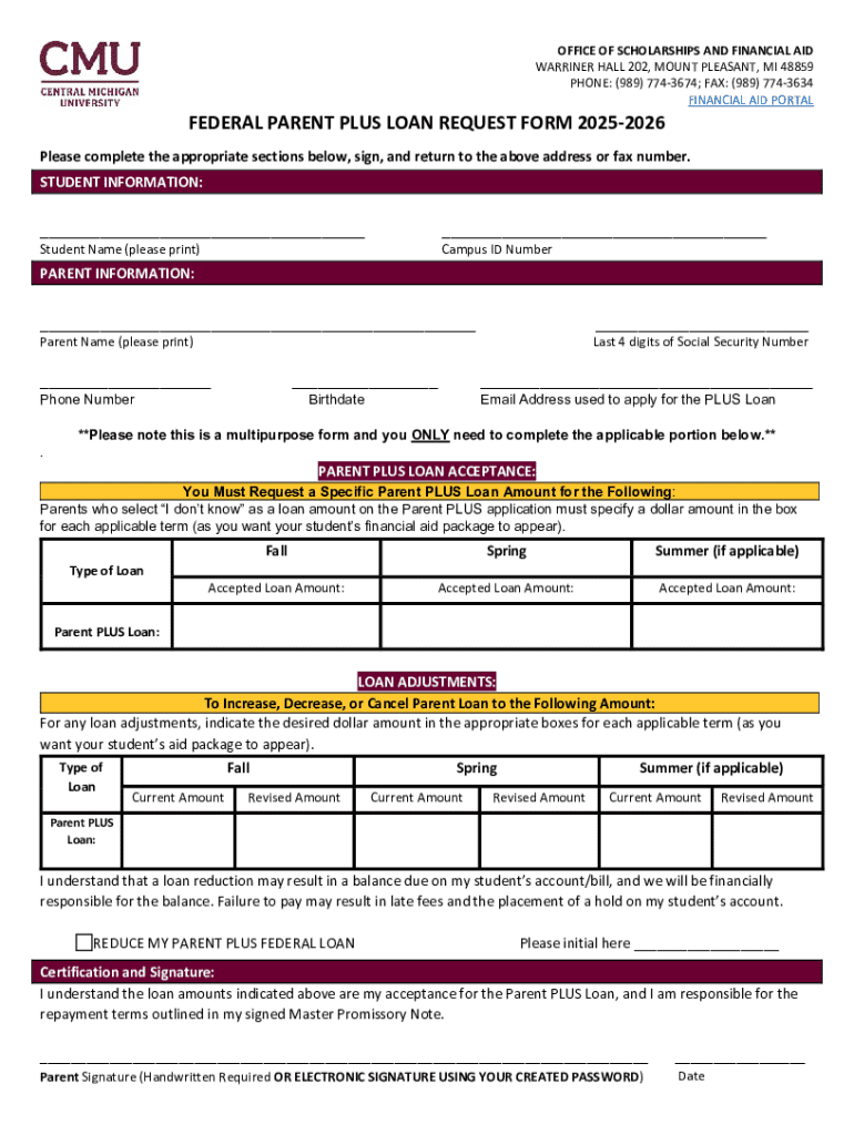 Federal Parent PLUS Loan Request Form 2025-2026 - Blank Fillable ...