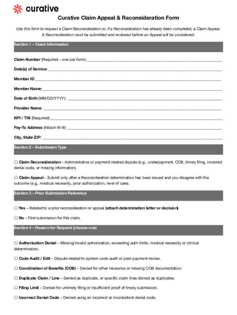 Curative Claim Appeal & Reconsideration Form - Blank Fillable Template ...
