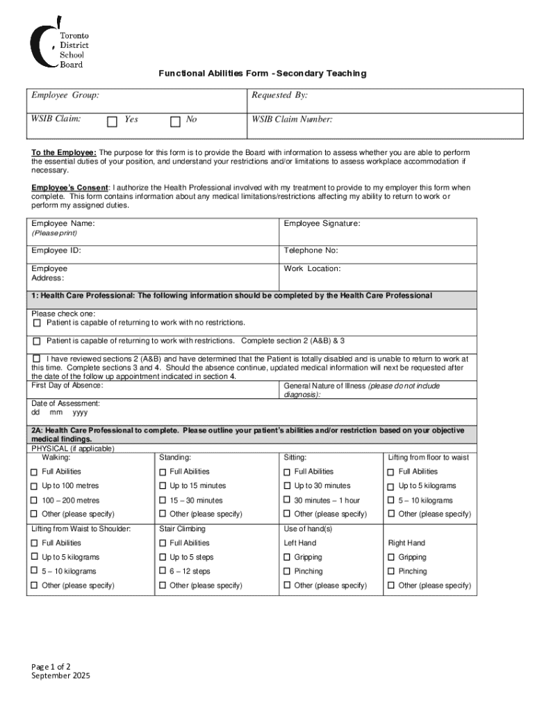 Functional Abilities Form - Secondary Teaching - Blank Fillable ...