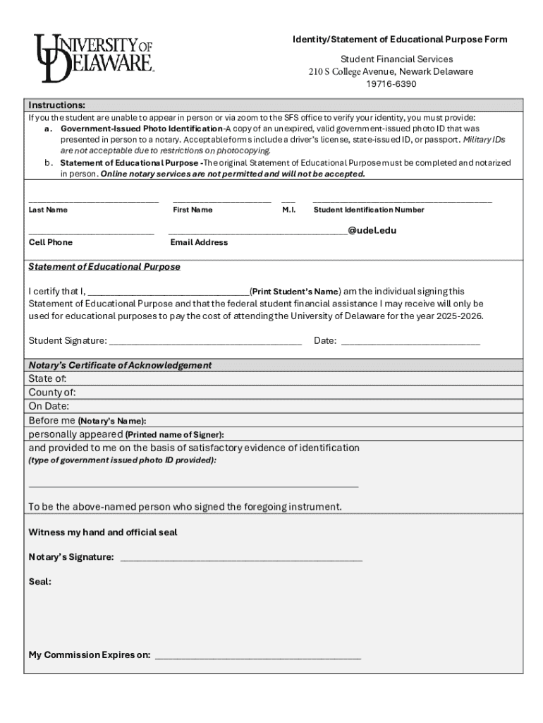 University of Delaware Identity Statement of Educational Purpose Form ...