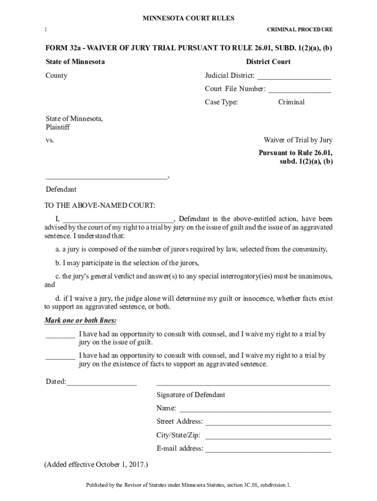 Minnesota Waiver of Jury Trial Form - Blank Fillable Template | Fill ...