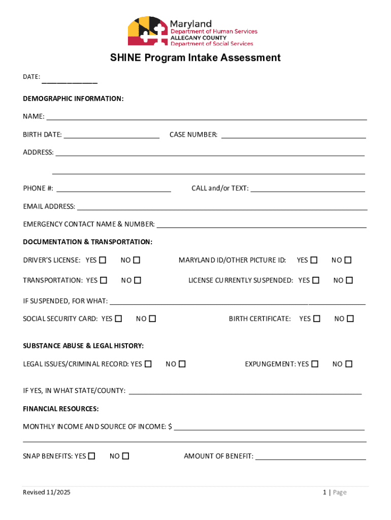 SHINE Program Intake Assessment Form - Fill Out, Sign & Share Online ...