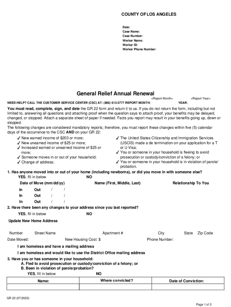 Los Angeles General Relief Annual Renewal Form - Blank Fillable ...