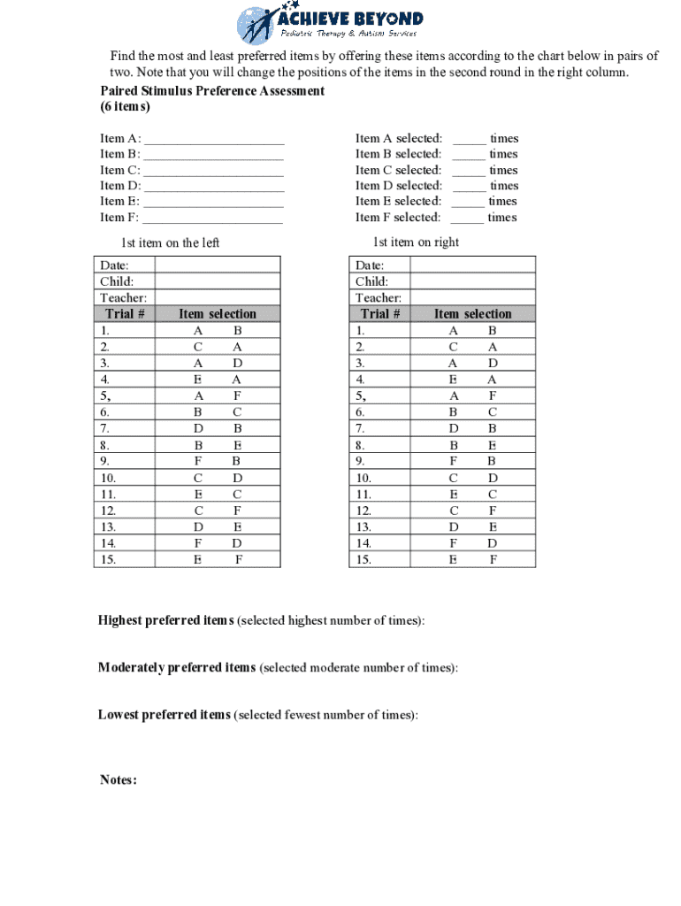 Paired Stimulus Preference Assessment Form - Blank Fillable Template ...