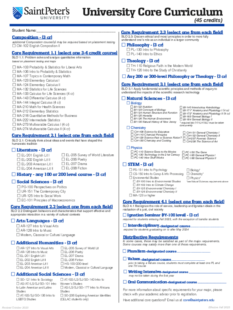 University Core Curriculum Form - Blank Fillable Template | Fill Out ...