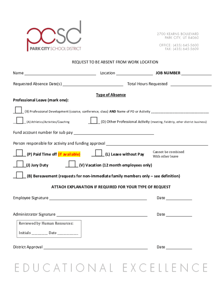 Request to be Absent from Work Location - Blank Fillable Template ...