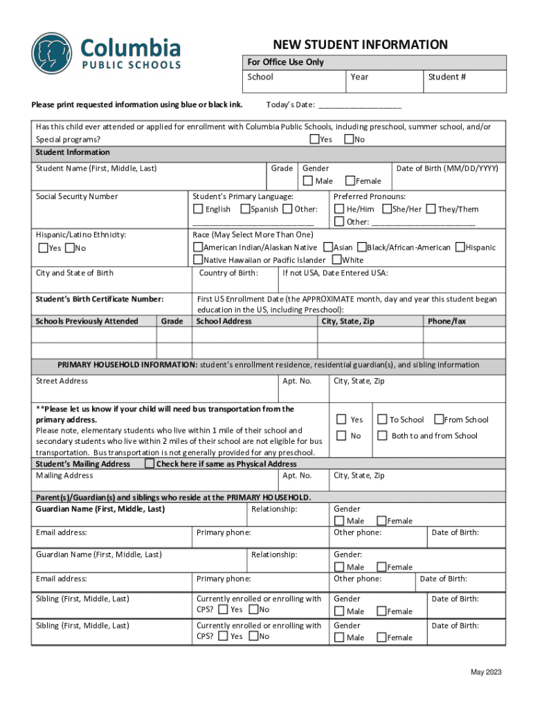 New Student Information Form - Blank Fillable Template | Fill Out ...