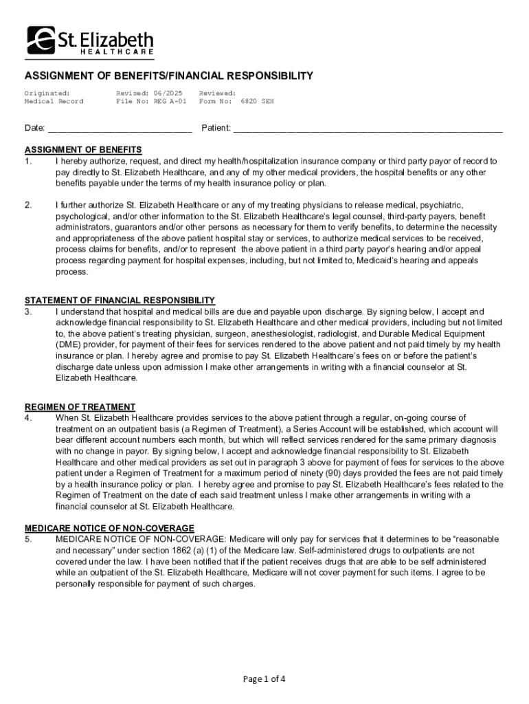 Assignment of Benefits and Financial Responsibility Form - Blank ...