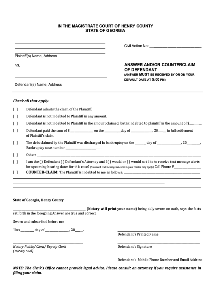 Georgia Answer and Counterclaim Form - Blank Fillable Template | Fill ...