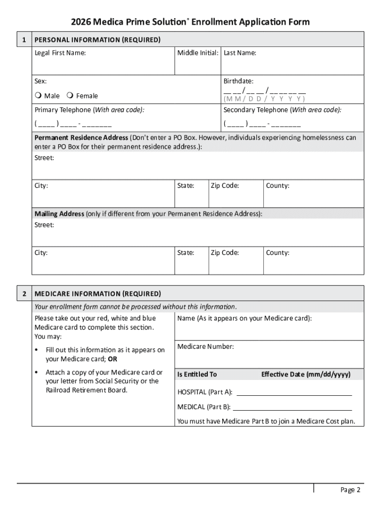 Medica Prime Solution Enrollment Application Form - Blank Fillable ...
