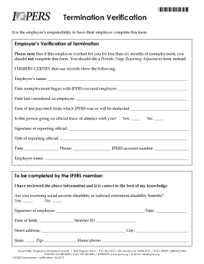 Fillable Online ipers Reemployment Termination Verification - IPERS Fax ...