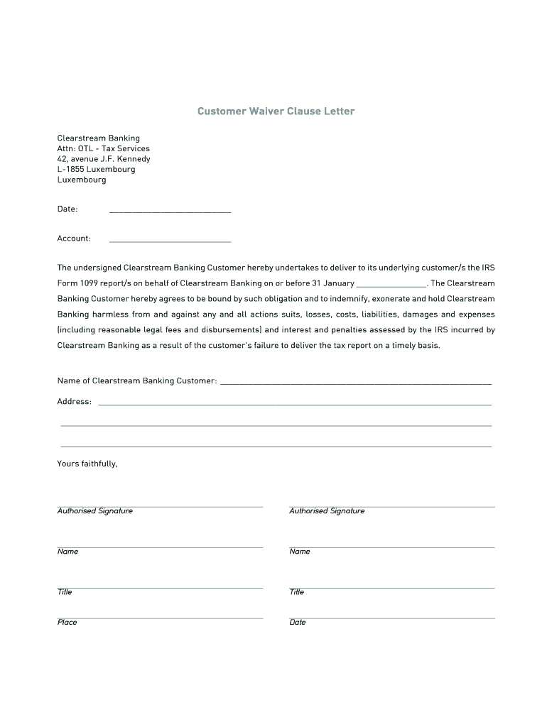 Fillable Online Customer Waiver Clause Letter - Clearstream Fax Email ...