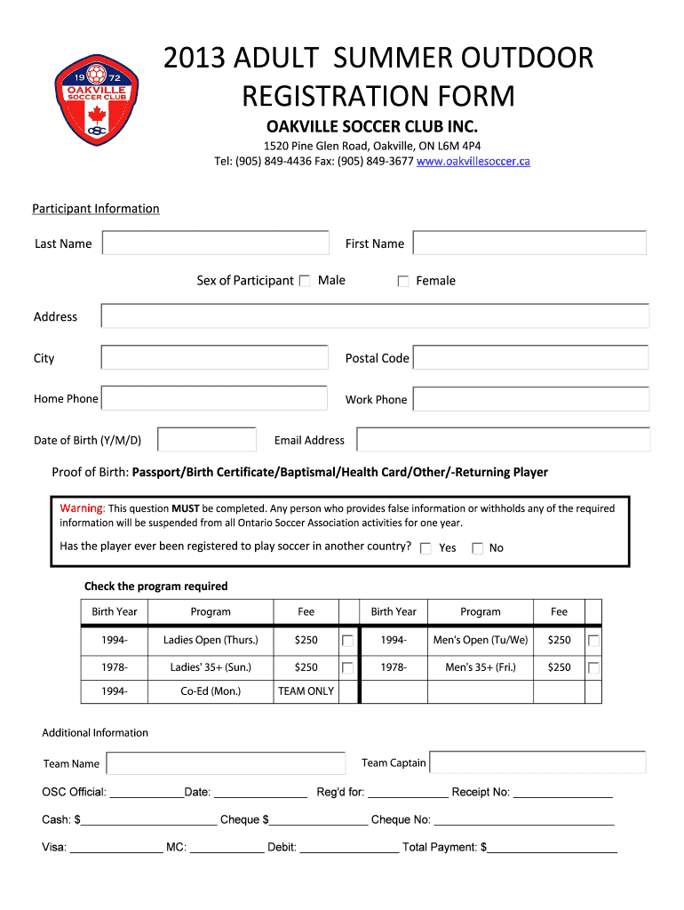 Fillable Online 2013 adult summer outdoor registration form - Oakville ...