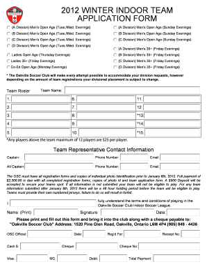 Fillable Online 2012 winter indoor team application form - Oakville ...
