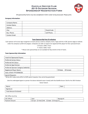 Fillable Online Oakville Soccer Club 2015 Outdoor Season Sponsorship ...