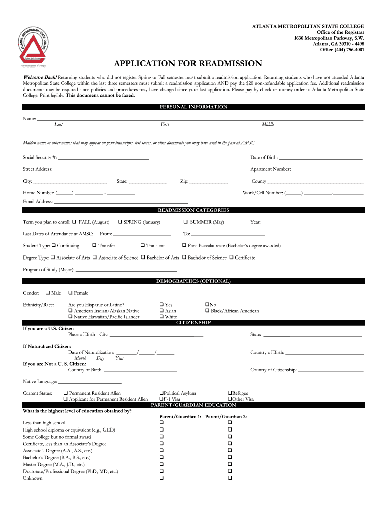 Atlanta Metropolitan State College Application for Readmission Form - Fill Online, Printable ...