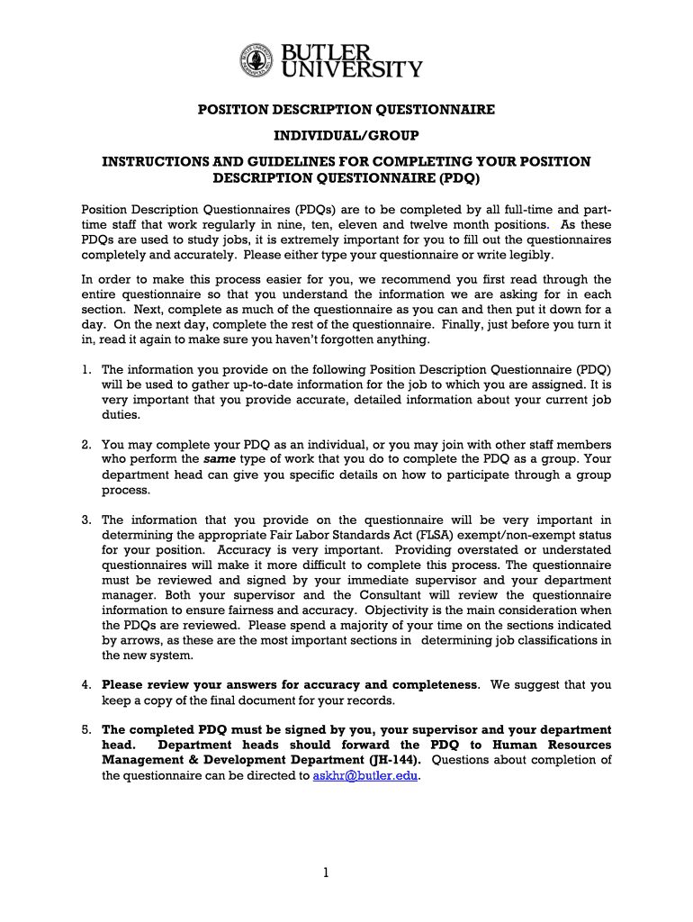 Fillable Online legacy butler 1 POSITION DESCRIPTION QUESTIONNAIRE ...