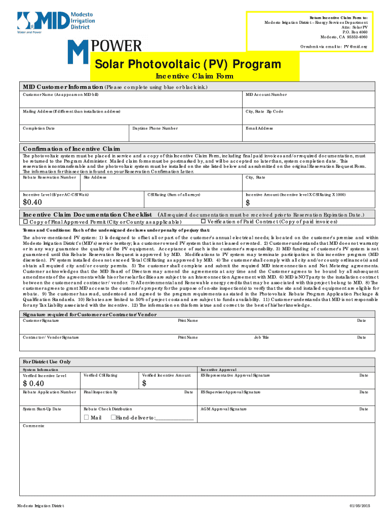 Fillable Online mid 2015 Rebate Incentive Claim Form - Modesto ...